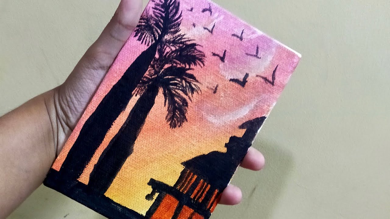 how to draw a beautiful senery on a mini canvas step by step easy for ...