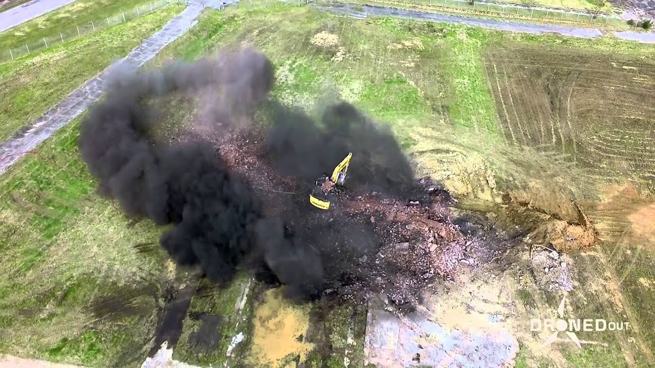 Smokestack Demolition Seen by Drone | Excavator Fail - YouTube