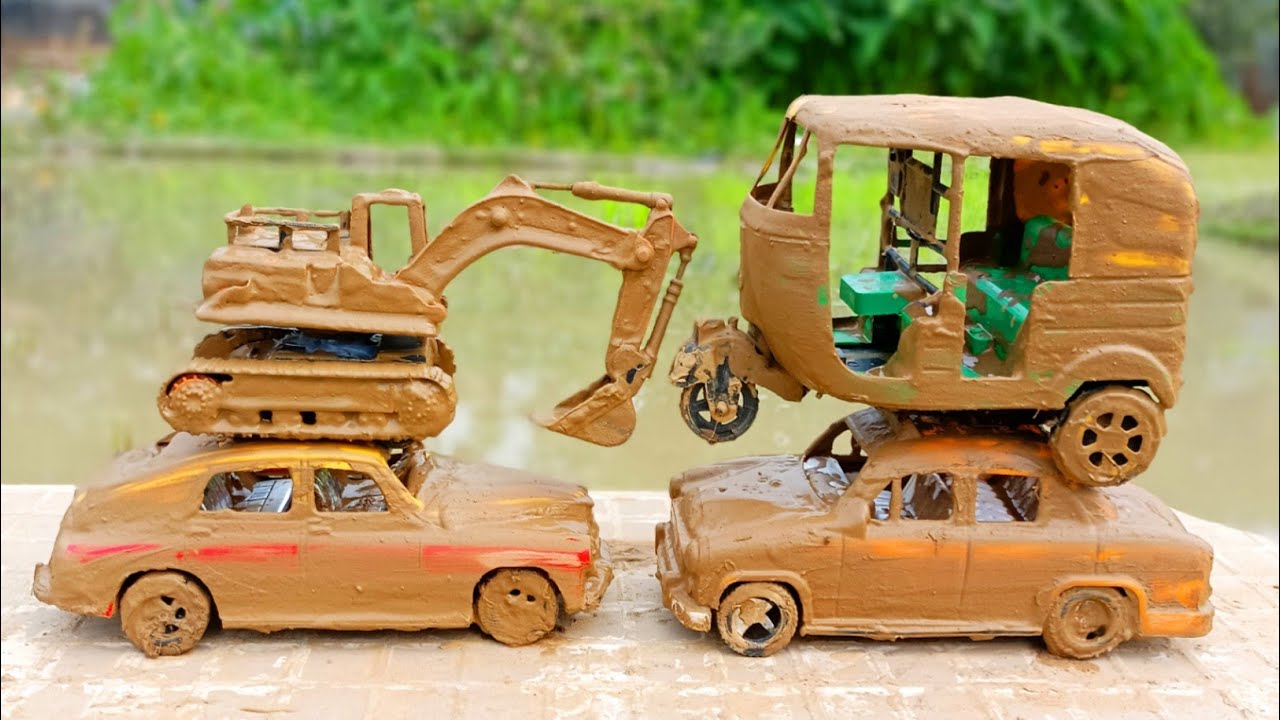 Muddy Auto Rickshaw And Taxi River Water jump Muddy Cleaning Pulling ...