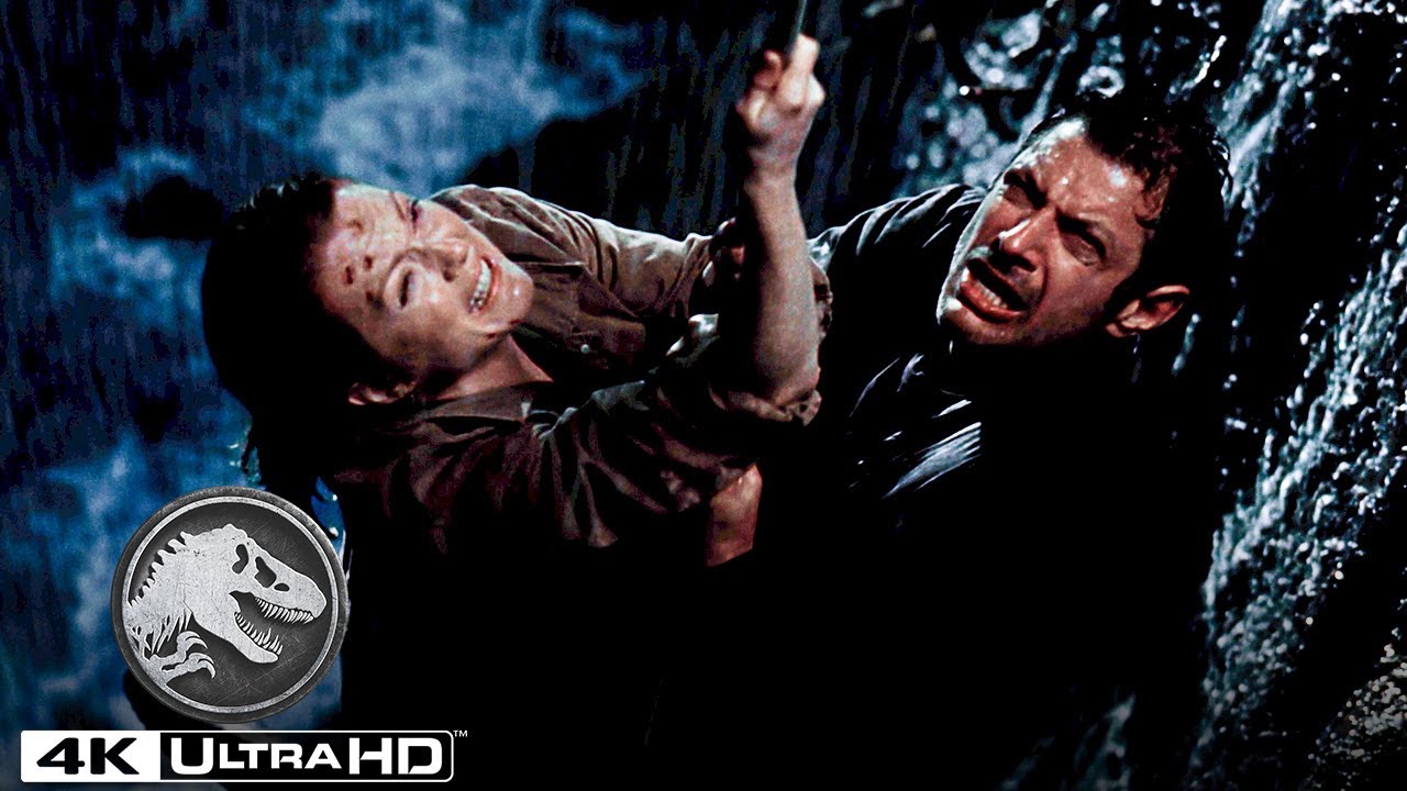 Ian Malcolm wird von einem T. Rex von einer Klippe gestoßen in 4K HDR ...