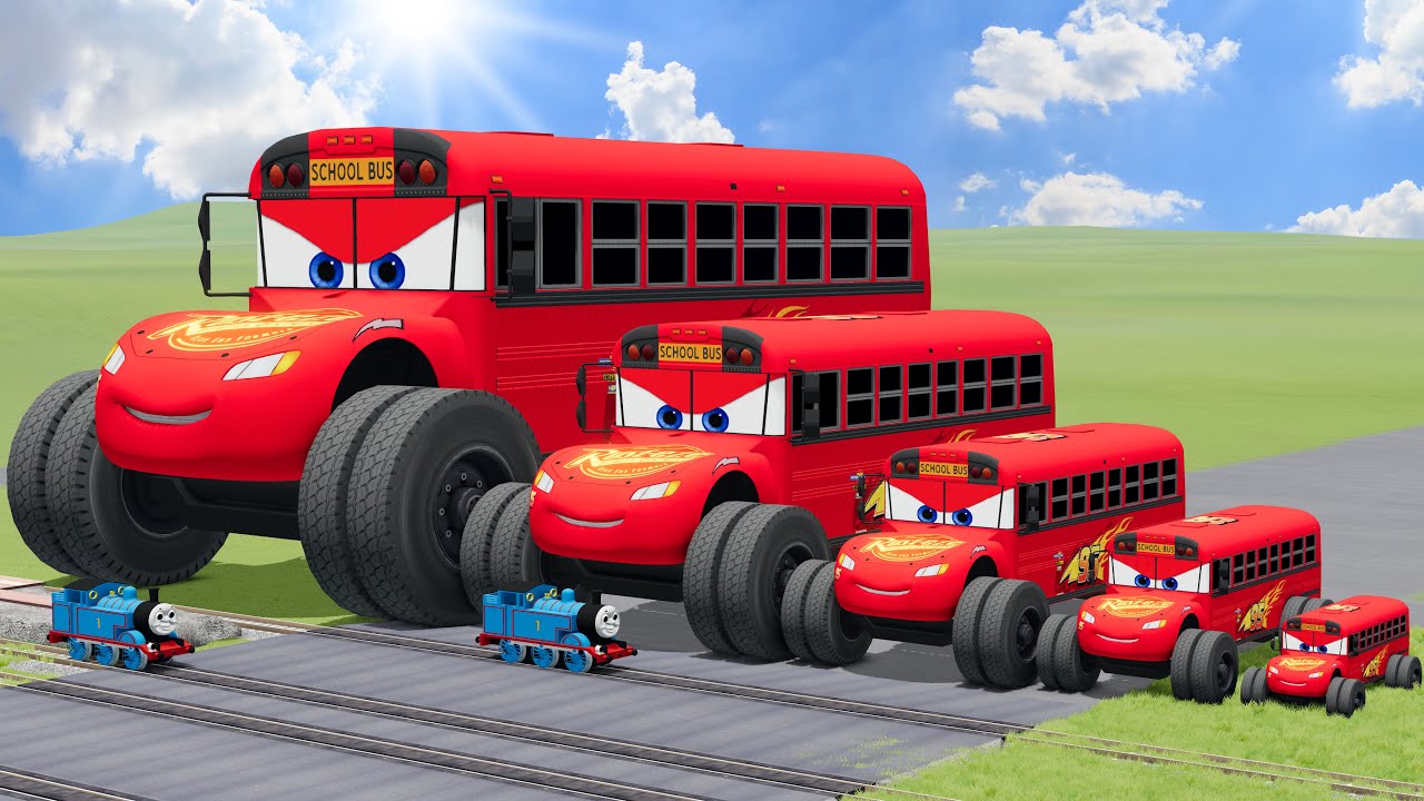 Big & Small Red School Bus Lightning Mcqueen vs Train Thomas | BeamNG ...