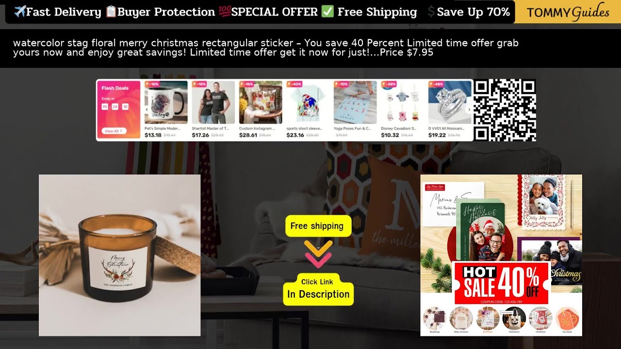 Watercolor Stag Floral Merry Christmas Sticker - Festive Holiday Decor ...