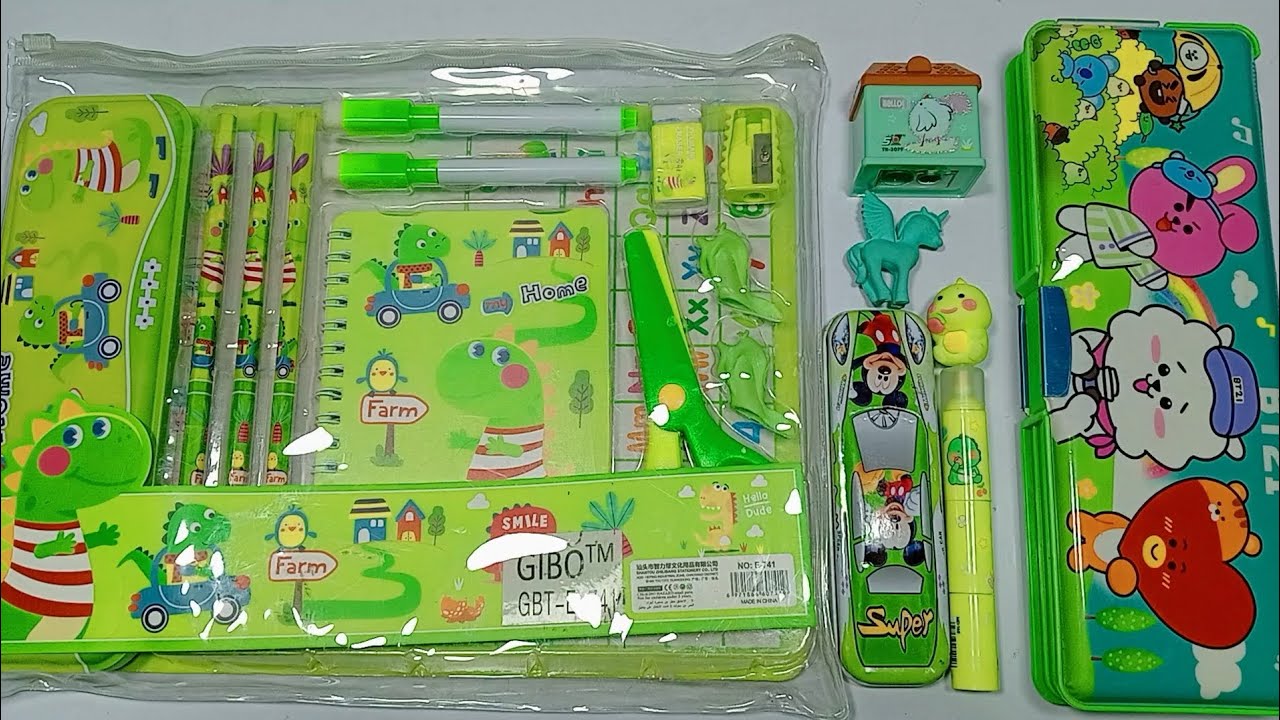dinosaur green colour stationery set, bt21 pencil box, unicorn eraser ...