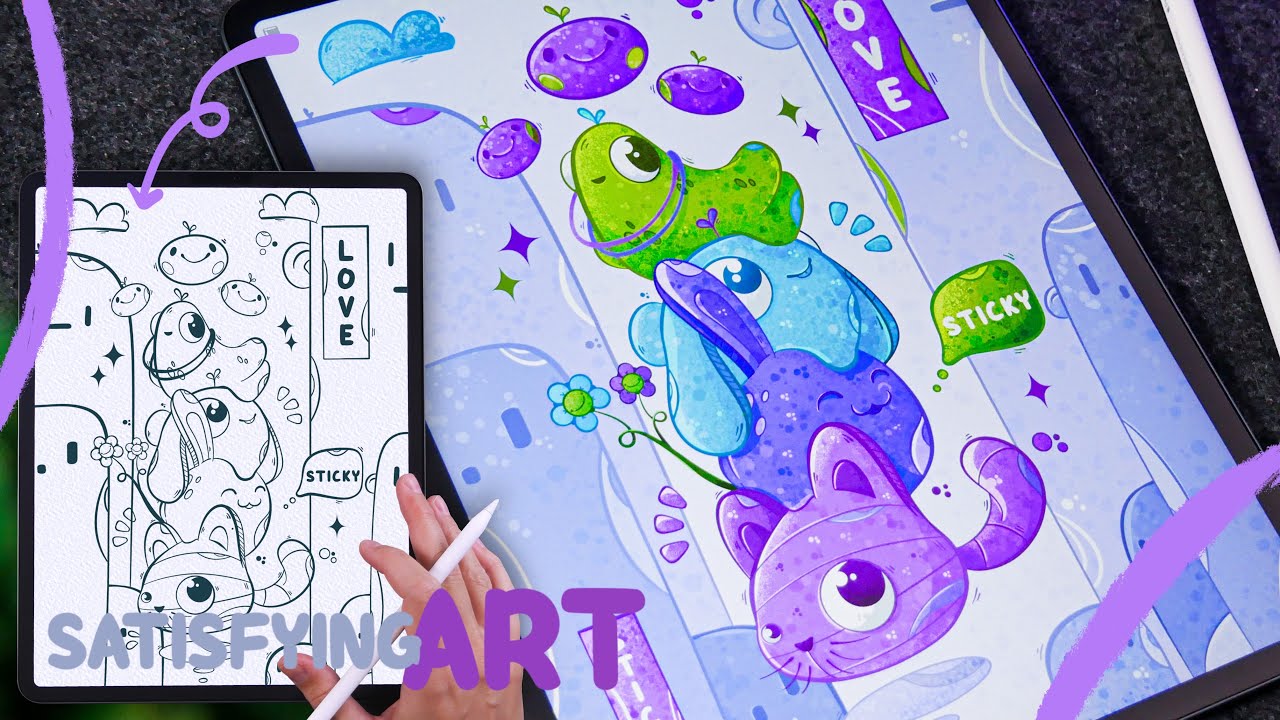 Digital Satisfying Doodle Art - Inking and Coloring illustration on iPad Pro - YouTube