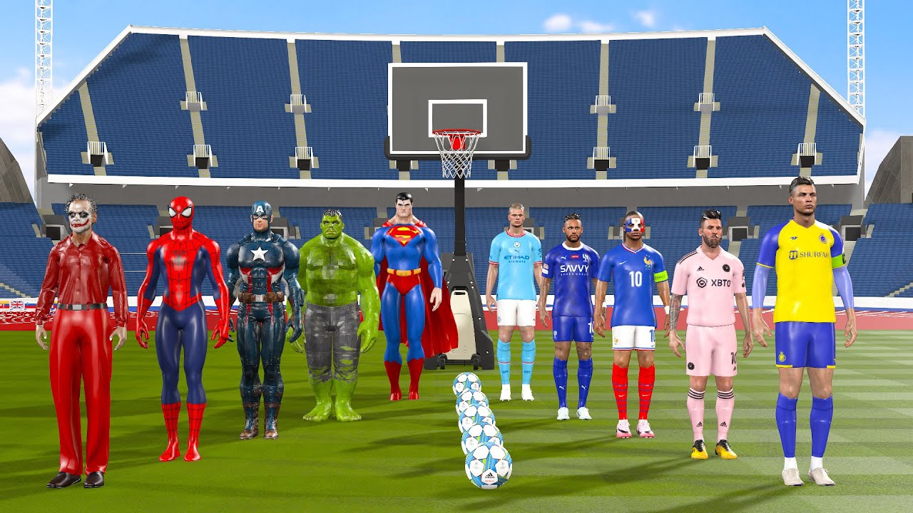 Spider-man Team Basketball Kick With CR7 vs Messi vs Mbappe vs Neymar ...
