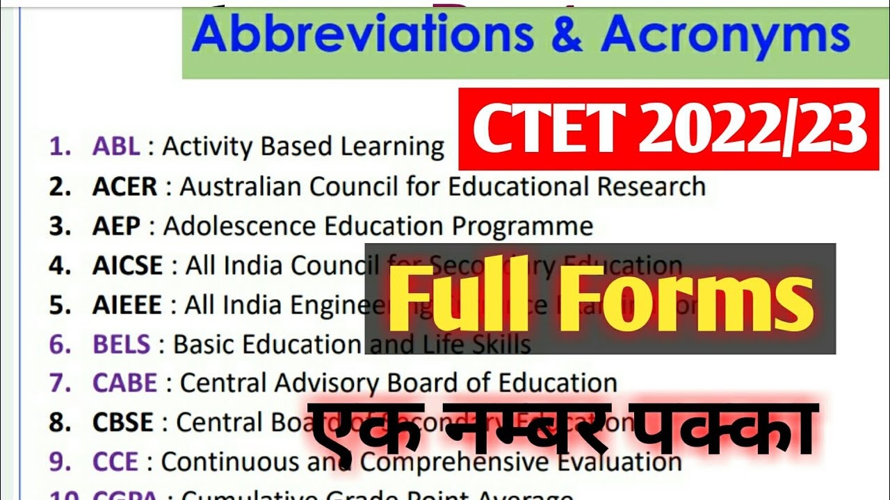 CTET Full Forms Topic/CTET Important Full Forms/CTET Full Form Based ...