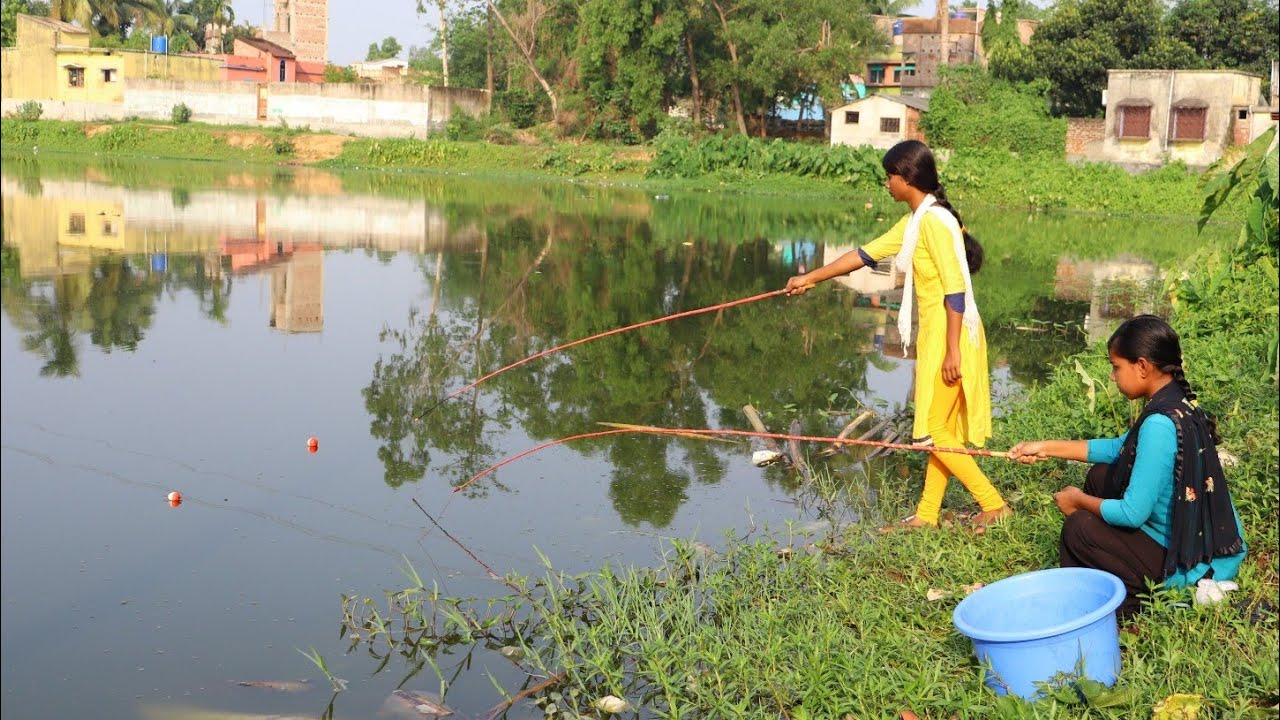 Fishing Video || Two beautiful girls are fishing with hooks in the ...