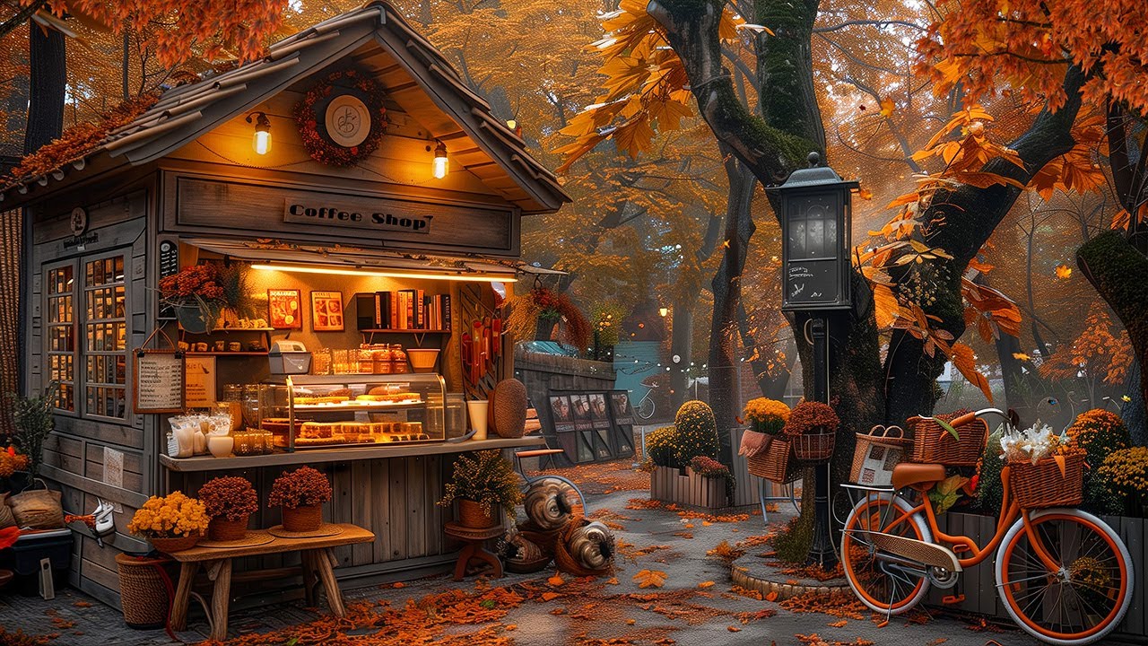 Soothing Autumn Jazz Music to Relax☕ Coffee Shop Outside The Park ...