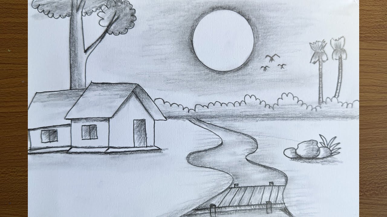 Scenery Drawing | sunset drawing with small house | Pencil Drawing ...