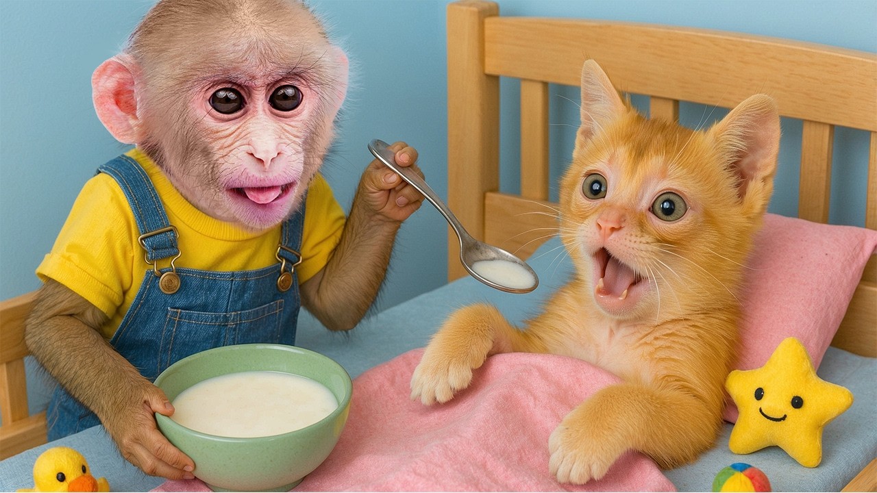 Obi monkey helps take care of the kittens when the mother cat is away ...