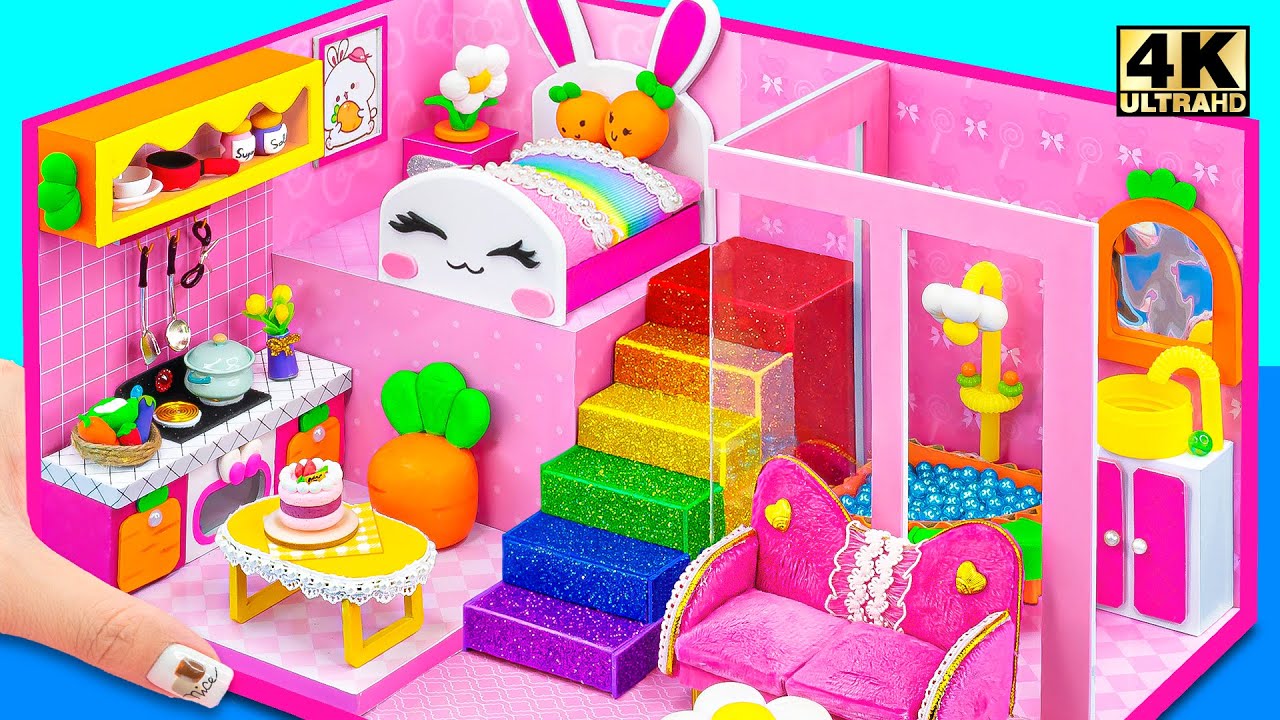 Building Cute Pink Bunny House with 4 Simple Room from Cardboard for ...