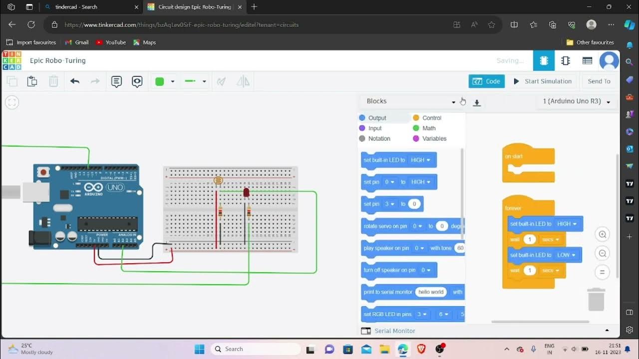 LDR AND LED IN ARDUINO UNO CONNECTION WITH PROGRAM - TINKERCAD - YouTube