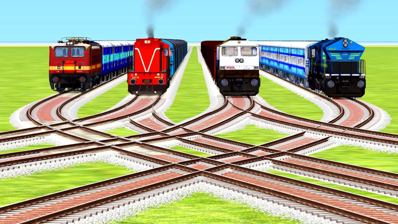 4 TRAINS CROSSING ZIGZAG ON BUMPY TRACK |#railroad - YouTube
