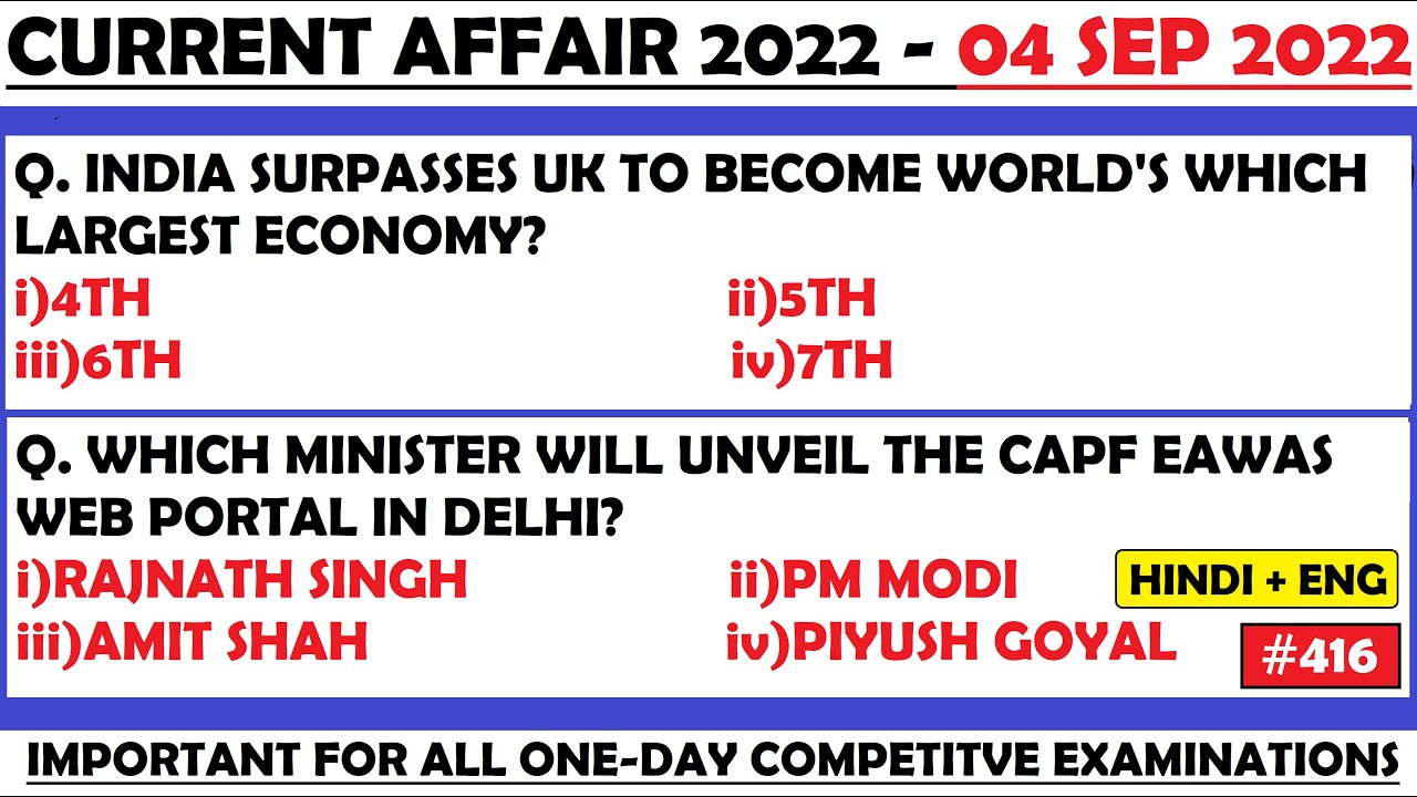 04 September 2022 Current Affairs Questions | Daily Current Affairs ...