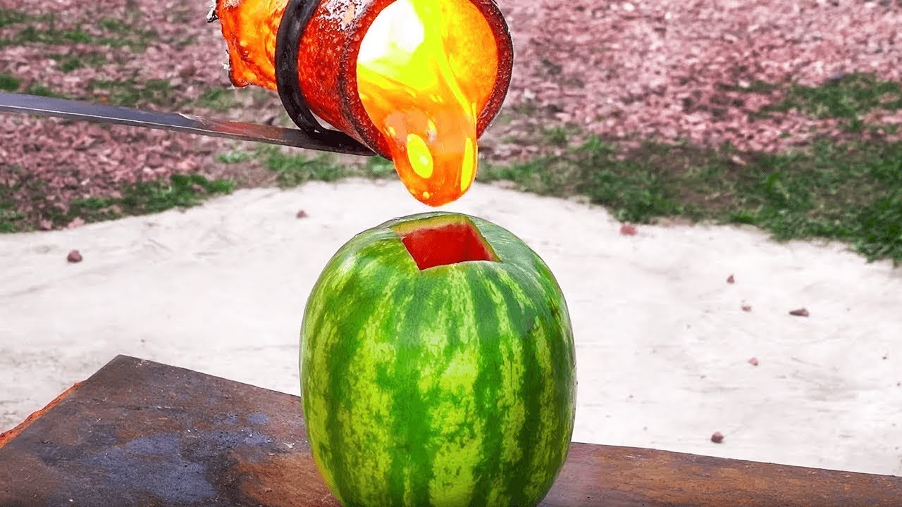 Experiment: Real lava Vs. eggs and watermelon - YouTube