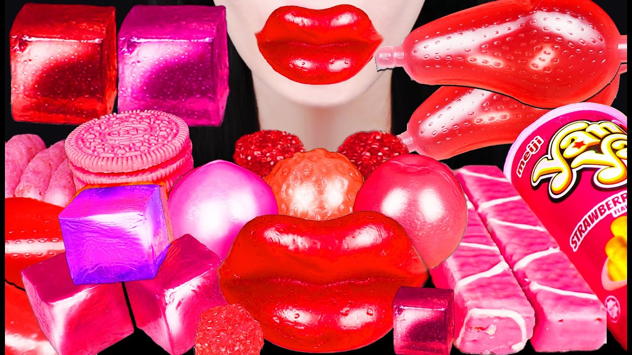 ASMR RED PINK FOODS EDIBLE LIPS CUBE JELLY CANDY GUMMY 레드 핑크 푸드 먹방 ...