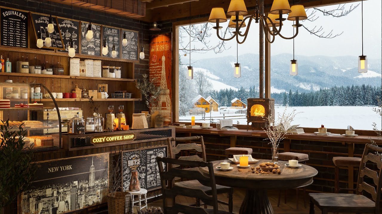 Winter Snowstorm Ambience in Cozy Coffee Shop with Snow Falling, Wind ...