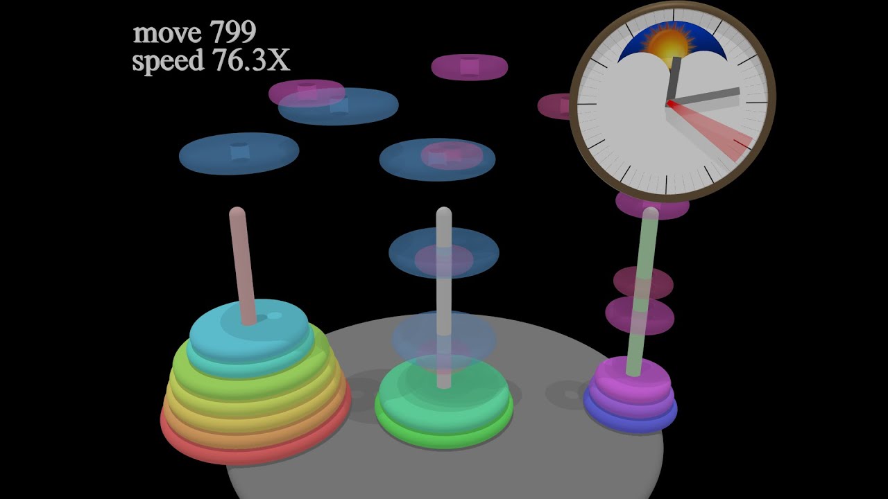 Solving 15-disc Hanoi Tower stack puzzle - YouTube