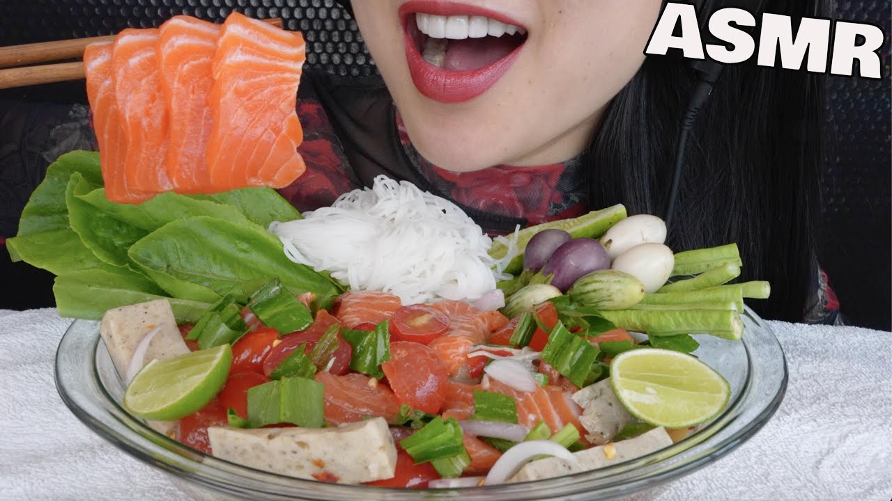 ASMR SPICY THAI SALMON SASHIMI SALAD + FRESH VEGGIES (EATING SOUNDS) NO ...