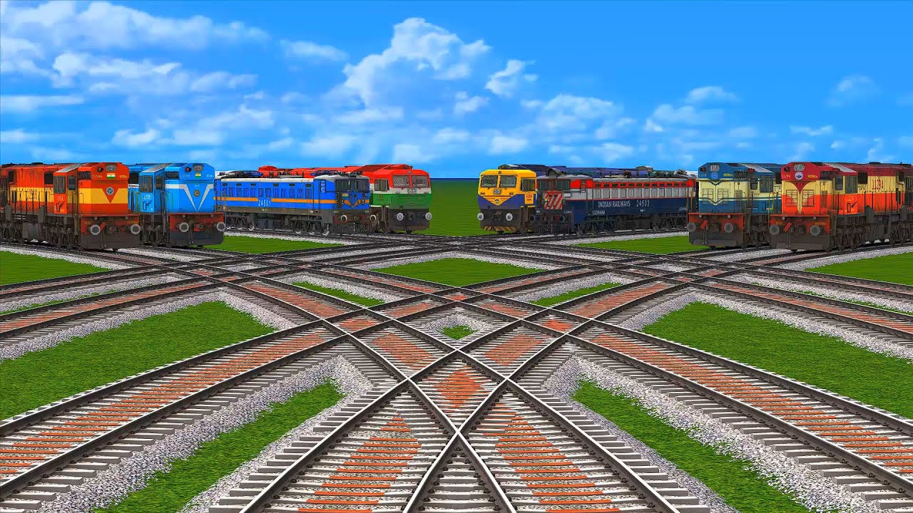 8 Different Trains Crossing On Eight Crisscrossed railroad Track-Bumpy ...