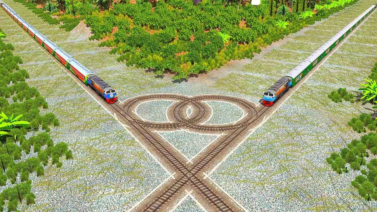 4 COLORFUL TRAIN CROSSING ON DOUBLE LOOPING CRISS-CROSS BUMPY FORKED ...