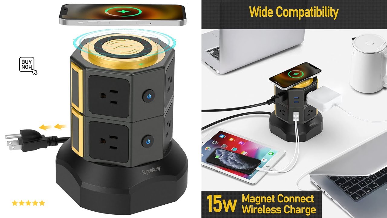 SUPERDANNY Power Strip Tower with 15W Wireless Charger, 6.5Ft ...
