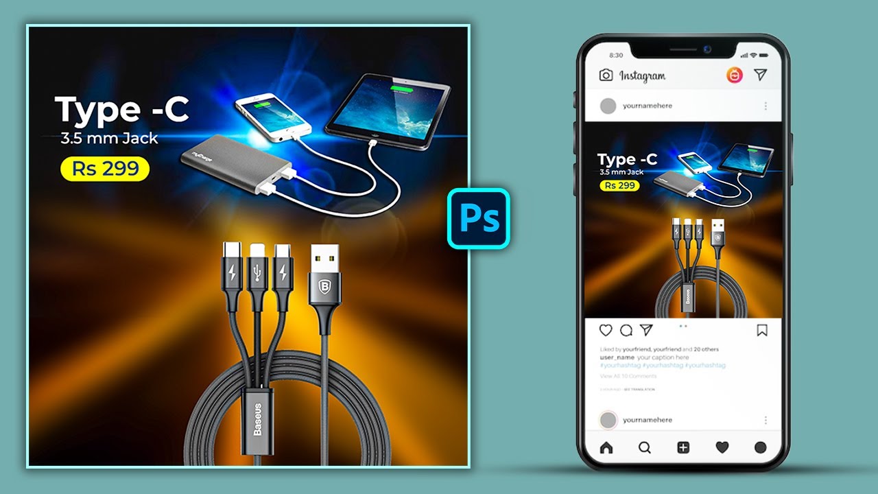 USB Cable Type-C Fast Charger Cable ADS Design in Photoshop - YouTube