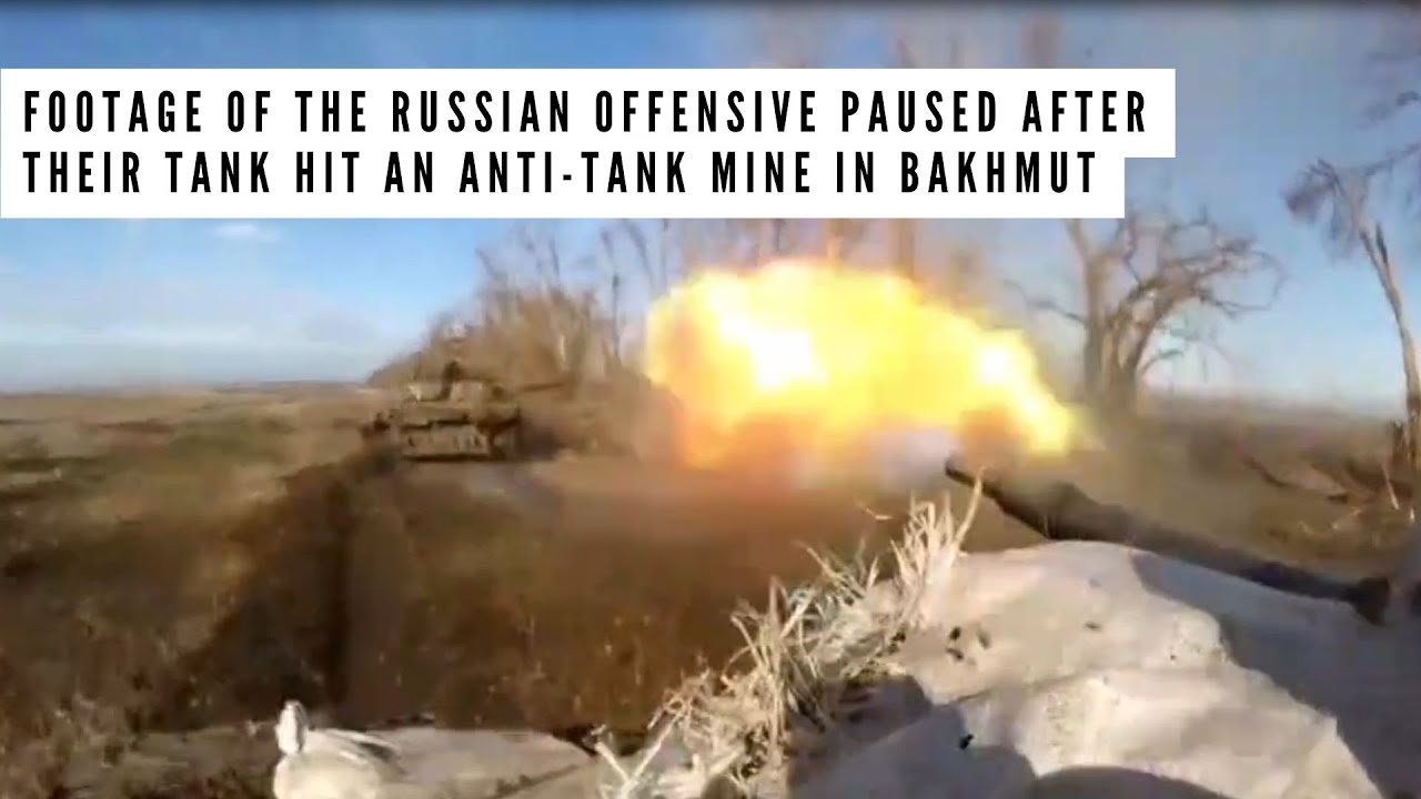 Footage of The Russian offensive paused after their tank hit an anti ...