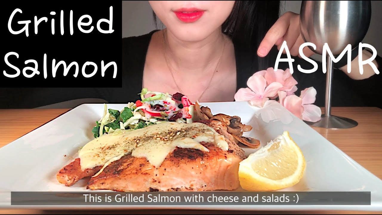 ASMR GRILLED SALMON WITH CHEESE AND SALADS (EATING SOUND) (NO TALKING ...