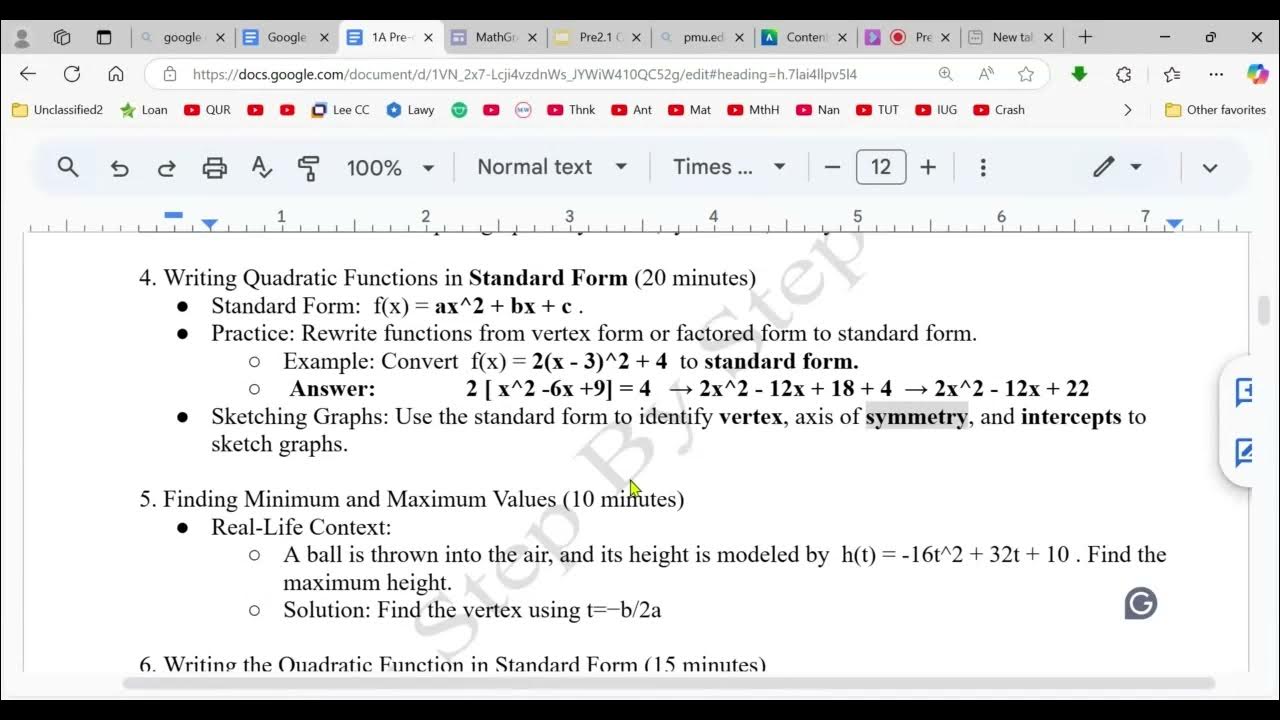 2 1 Exploring Quadratic Functions and Polynomials Part 2 Vertex, Min, Max, Graph, Symmetry - YouTube