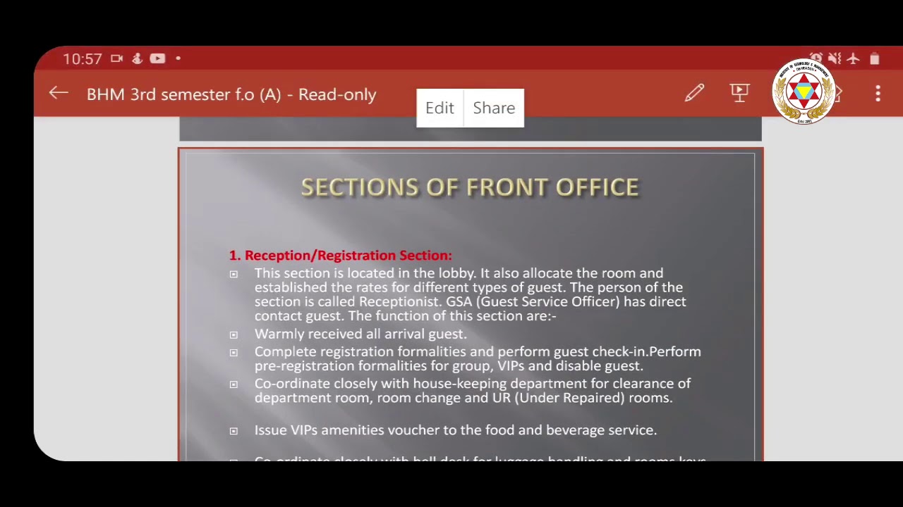 Front office - (Unit 1 /A )- BHM - 3rd sem - YouTube