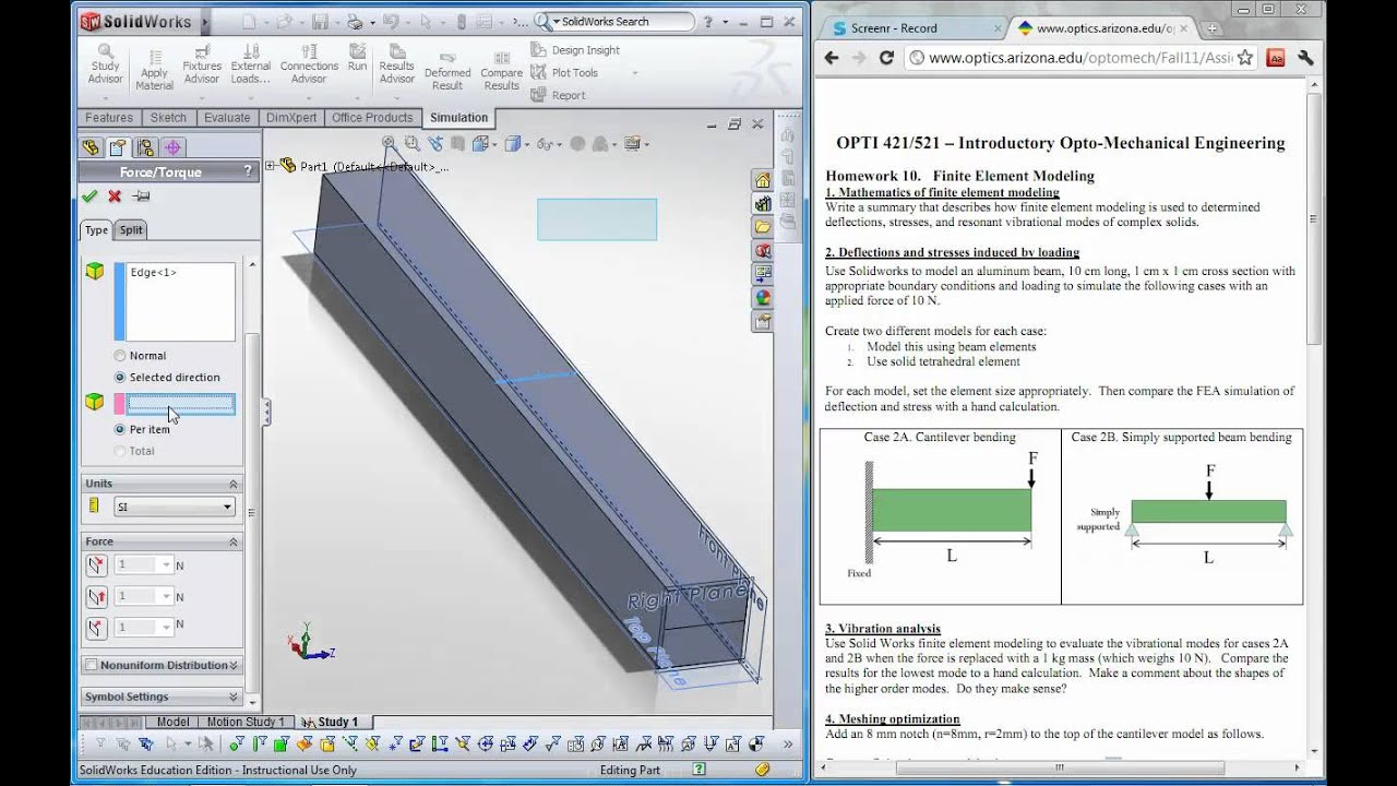 Solidworks Simulation: Simply supported beam bending. Part 2/2 - YouTube