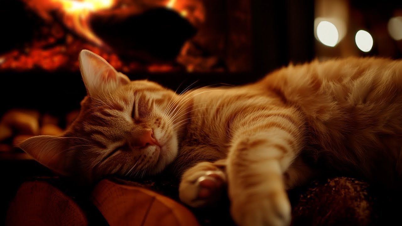 Deep Sleep with Purring Cat In Cozy Room | Crackling Fireplace for ...