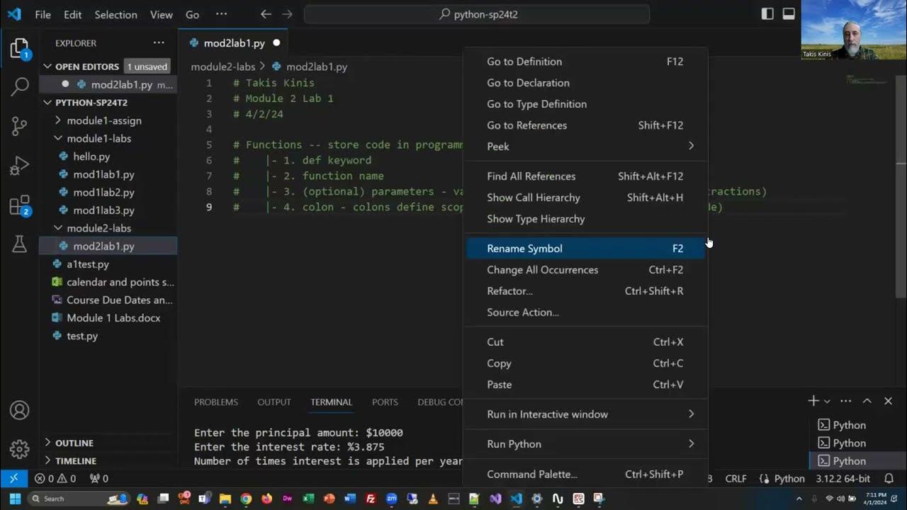 Python Programming - Module 2 Labs 1 & 2 - funcitons and if elif else - Spring 2024 Term 2 - YouTube