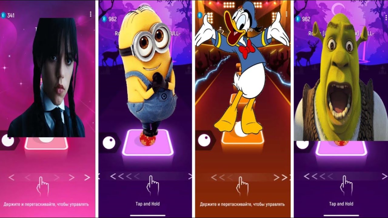 WEDNSEDAY vs MINIONS vs DONALD DUCK vs SHRECK | Tiles Hop EDM Rush ...