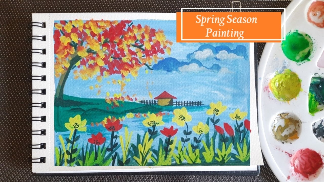 Spring season painting | Gouache landscape painting for beginners ...