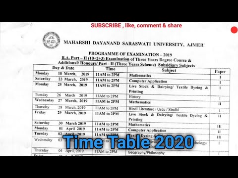 B.A. [ Part :- 1st, 2nd & 3rd ] Year Exam Time Table 2020 / Date sheet for 2019/ MDSU AJMER ...
