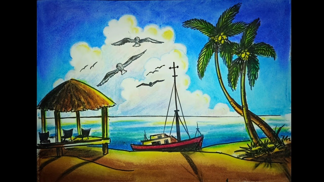 SEASHORE DRAWING WITH OIL PASTELS EASY STEP BY STEP - YouTube