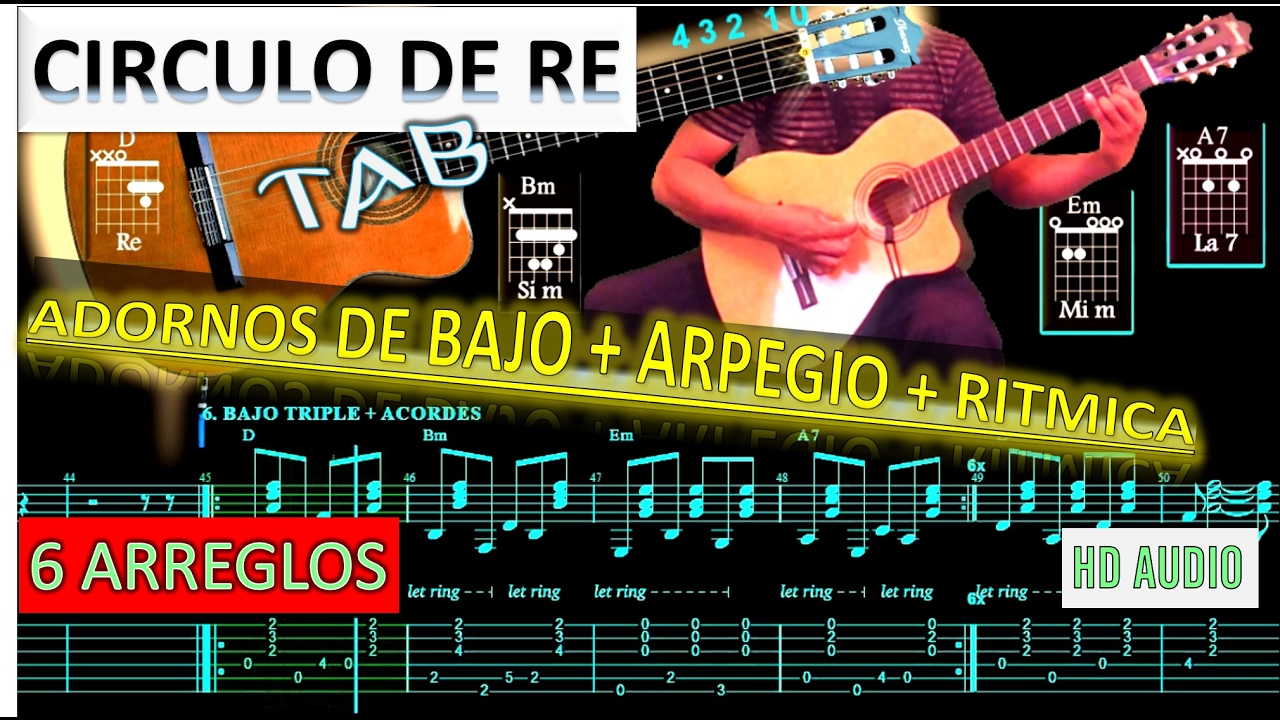 Circulo de Re con 6 Arreglos, acordes, arpegios y adornos de bajo - YouTube