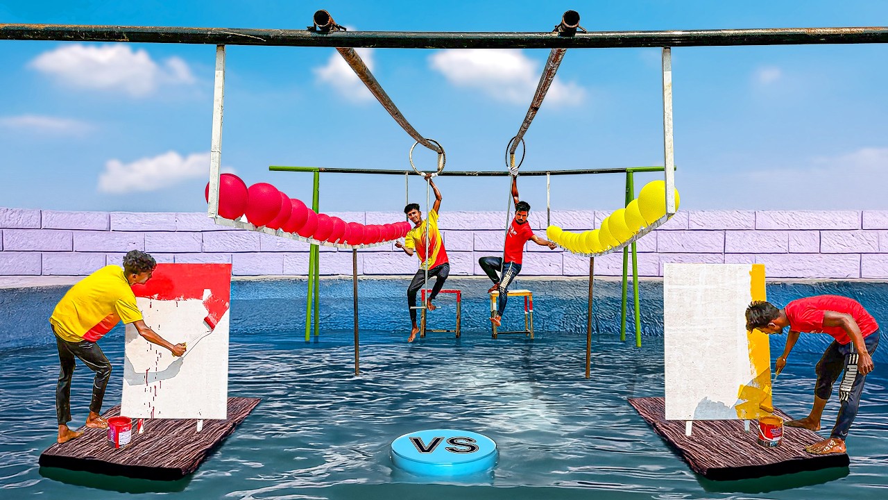 hanging over water, dodging obstacles and racing against time! who will ...