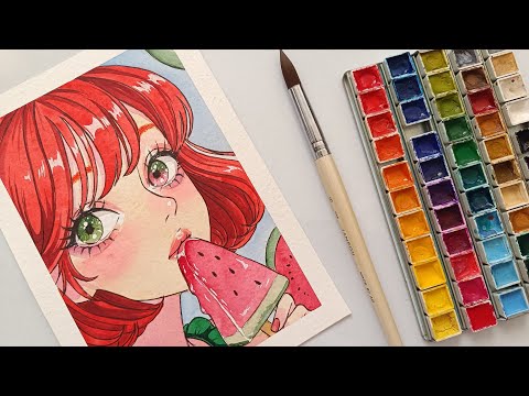 How to Draw Semi-realistic Anime Face (Watermelon Girl 🍉) |Anime Girl Drawing 