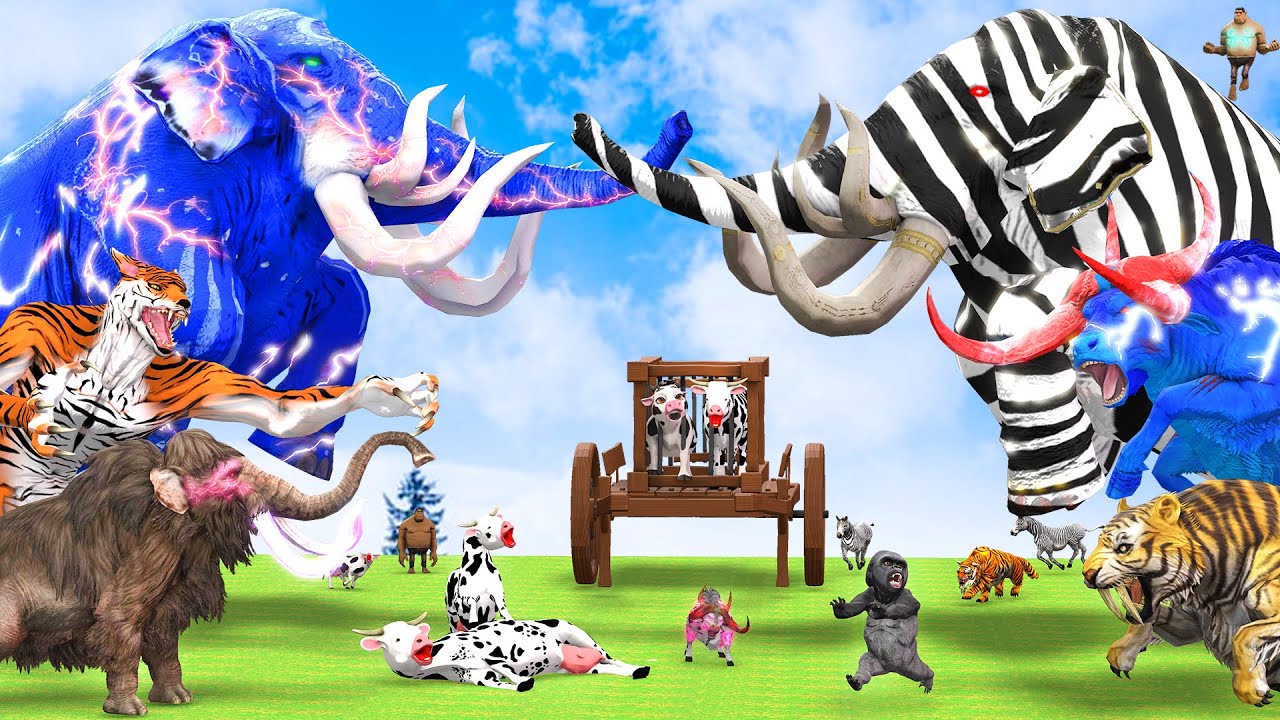 5 Giant Mammoth Elephant Cow vs 5 Zombie Tiger Wolf Lion vs Zebra Fight ...