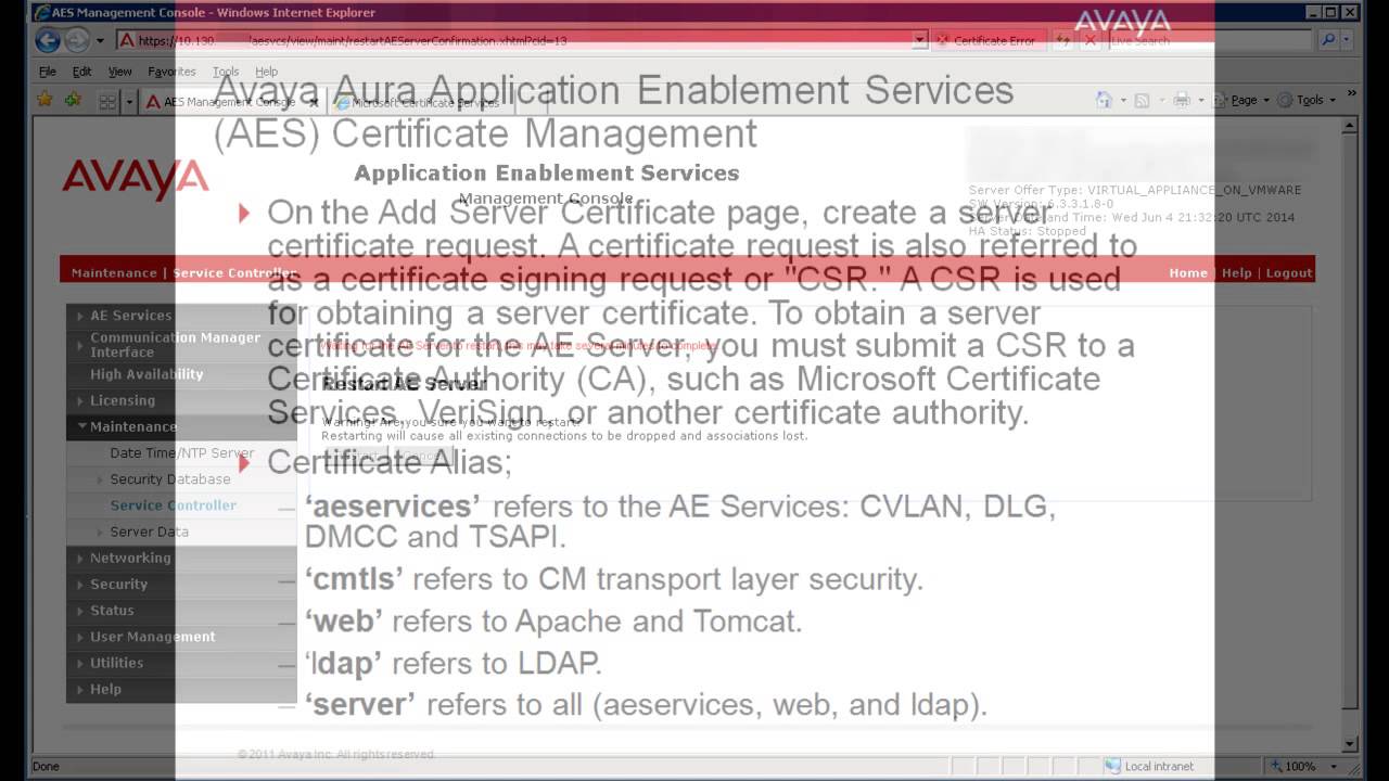 Avaya Aura Application Enablement Services, Administering Certificates ...