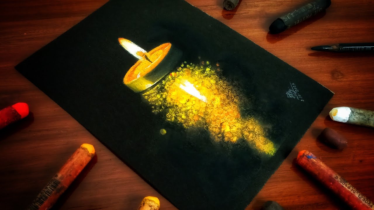 Easy Diya Drawing For Diwali using Oil Pastel on Black Paper Tutorial ...