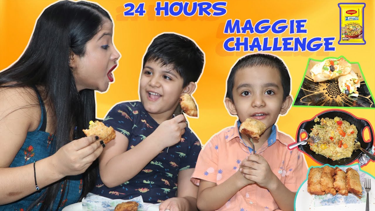 24 hours eating Maggie Challenge with 2 kids - YouTube