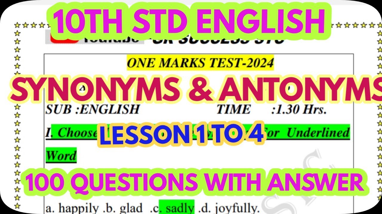 10Th Std English -Synonyms & Antonyms-Quarterly Exam -2024 -Most ...