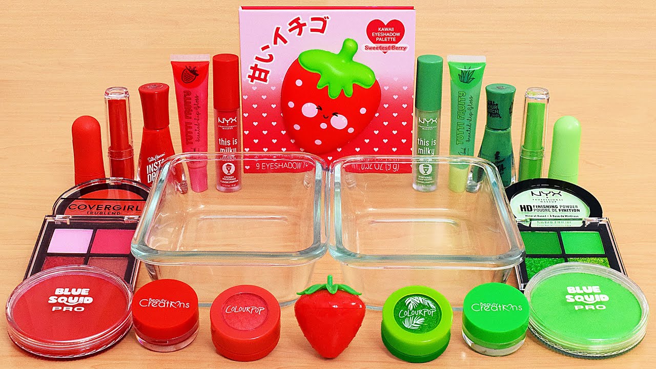 Strawberry Red vs Green - Mixing Makeup Eyeshadow Into Slime ASMR - YouTube