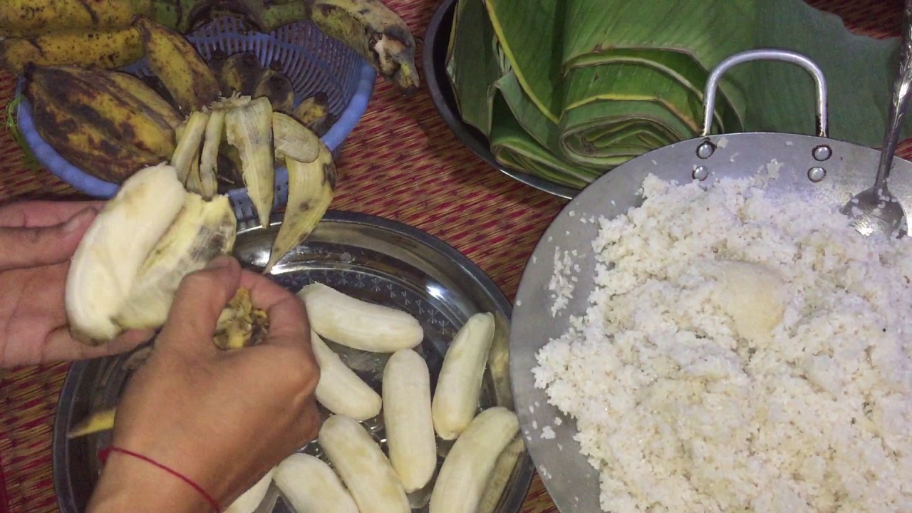 Girl making dessert, sticky rice banana cake with coconut milk ...