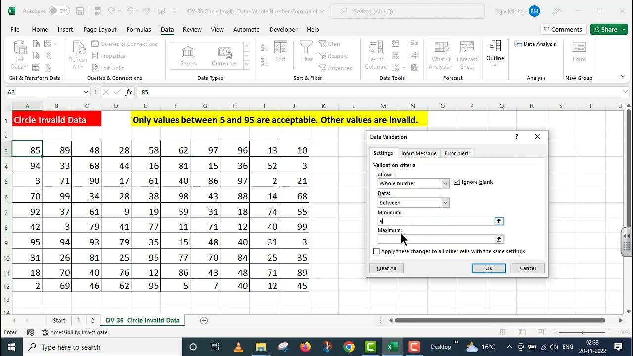 Data Validation 36 Circle Invalid Data Using Whole Number - YouTube