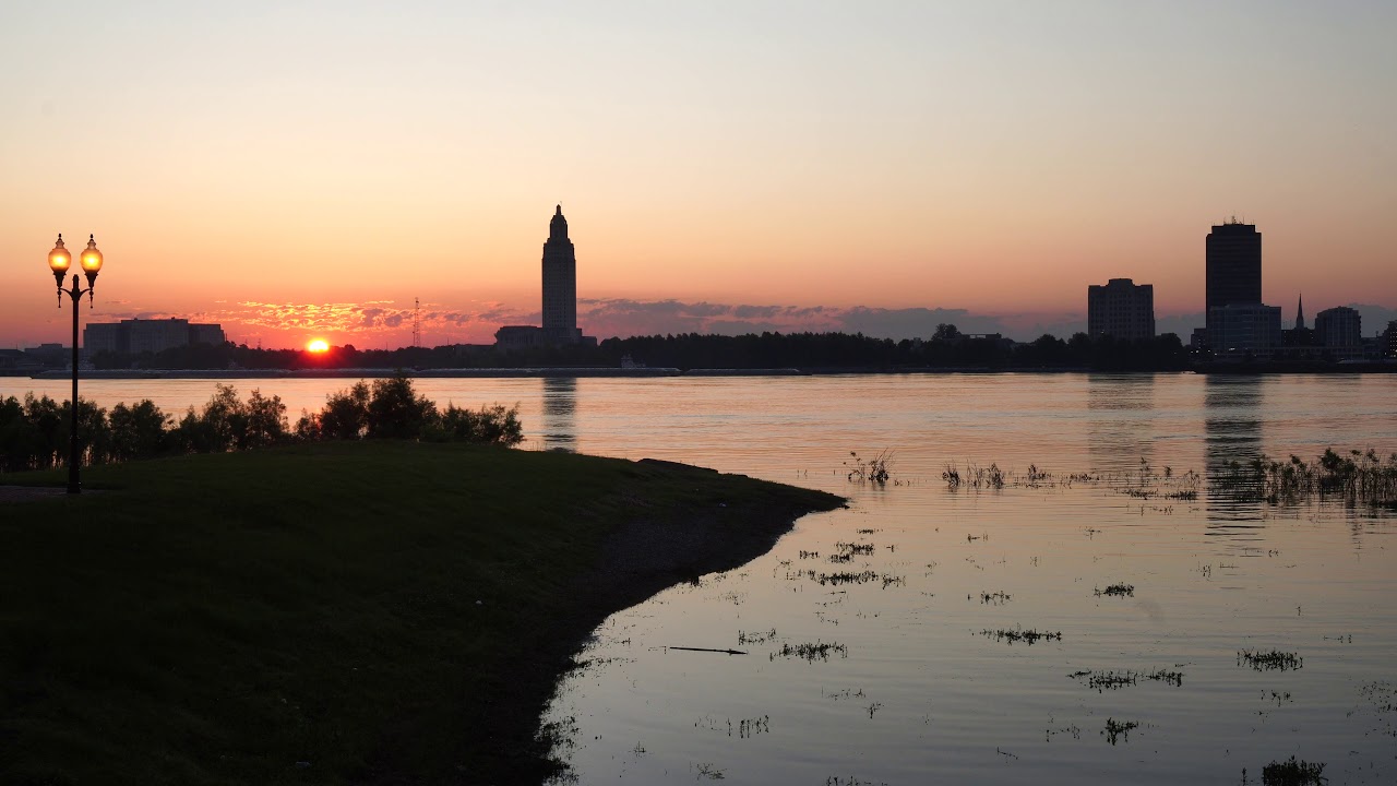 Sunrise over Baton Rouge and the Mississippi filmed in 4K from the Port ...